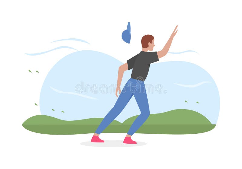Man Walking in Windy Weather, Cap Flying Away from Strong Wind Stock ...