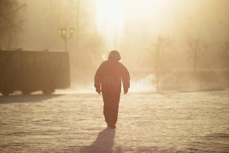 Man walking in winter fog stock photo. Image of scene - 101736474