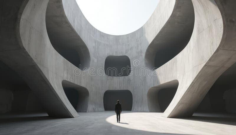 Man Walks in Abstract Concrete Structure. Modern Building Features ...