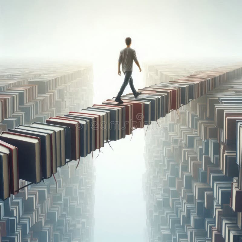 A Man Walks Across a Bridge of Books. Stock Image - Image of ...
