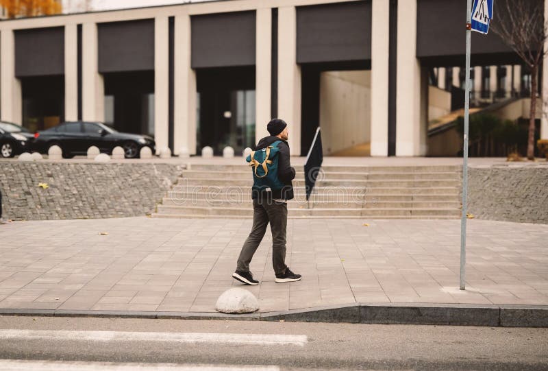 Man Walks Against Backdrop Modern Urban Architecture Dressed Autumn Has ...