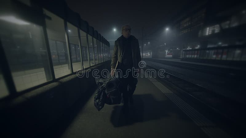 A Man Walks Alone at Night on an Empty City Train Platform, with a ...