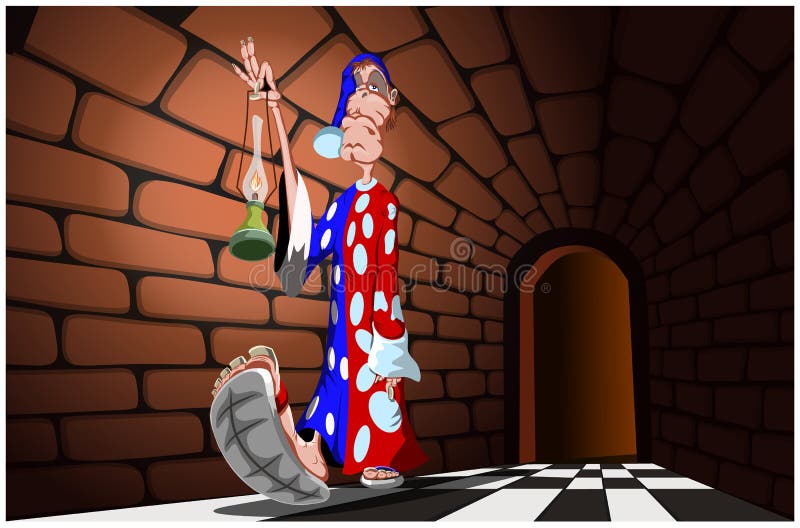 A Man Walks Along a Dark Corridor with a Lamp in His Hands Stock Vector ...