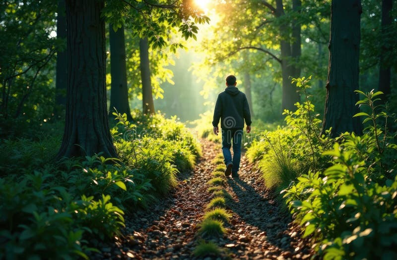 Man Walks Along a Forest Path Illuminated by Morning Sunlight in a ...