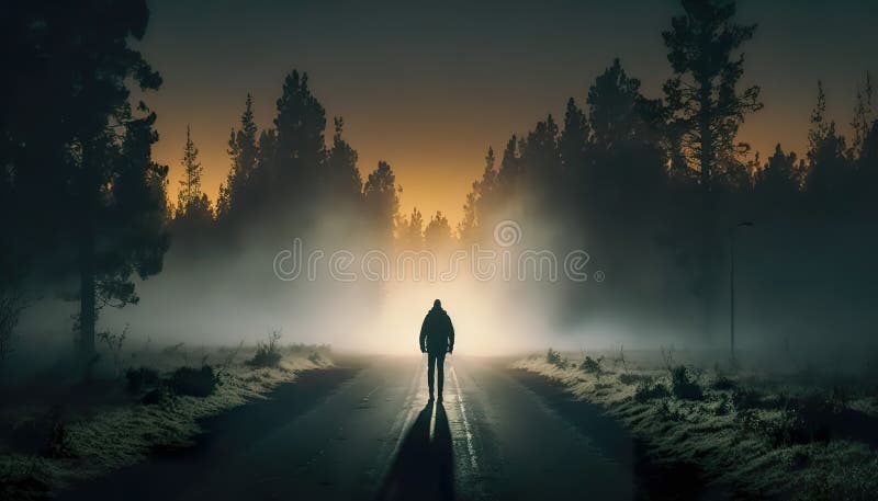 A Man Walks Along the Road in the Forest in the Fog, View from the Back ...