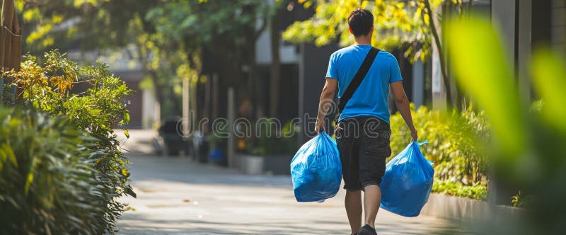 A Man Walks Along a Shaded Pathway, Transporting Two Blue Bags Filled ...