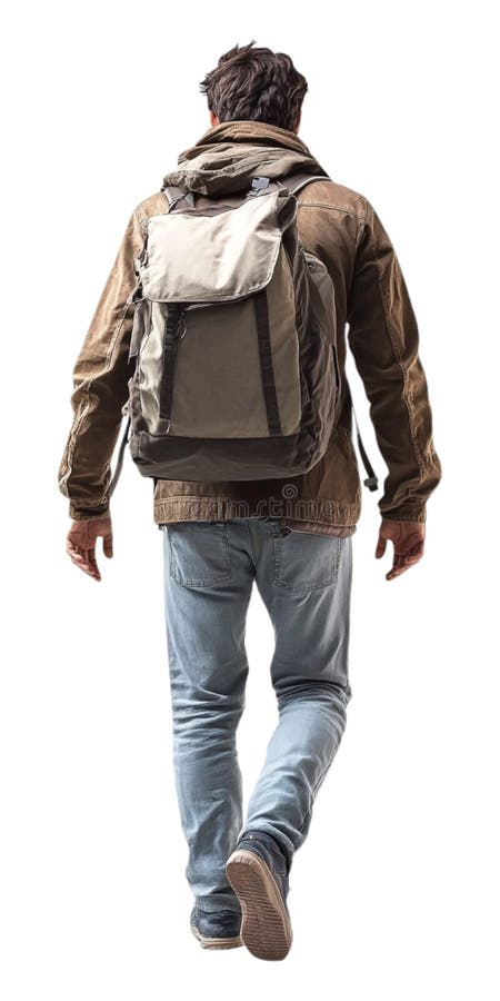 Man Walking Away with Backpack and Jacket on White Background Stock ...