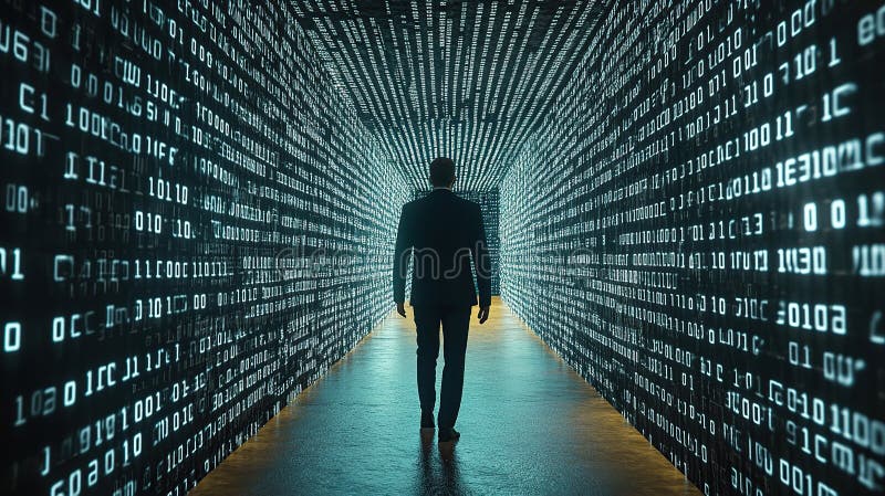Man Walks Binary Code Tunnel, Digital Future, Data Stream Background, Tech Concept Stock ...