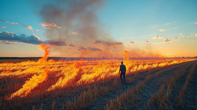 Man Walks through Burning Field at Sunset, Fire, Smoke, Destruction ...
