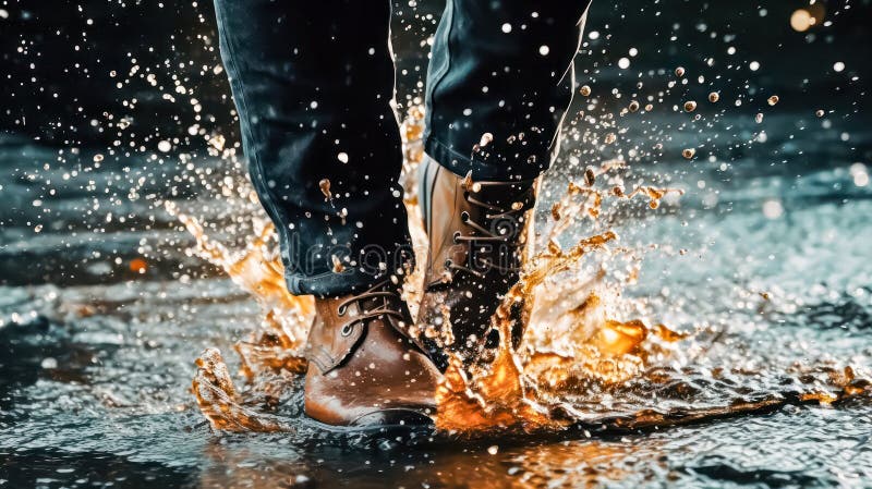 A Man Walks Cautiously through a Puddle Stock Image - Image of closeup ...