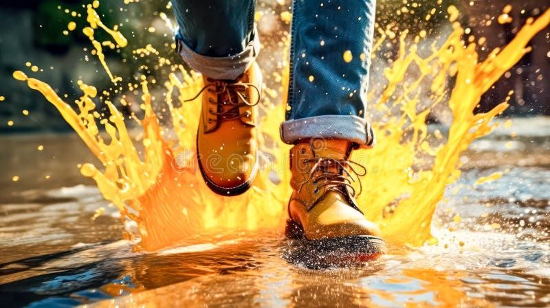 A Man Walks Cautiously through a Puddle Stock Photo - Image of leisure ...