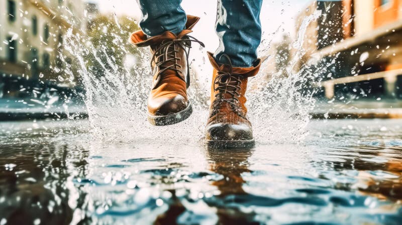 A Man Walks Cautiously through a Puddle Stock Photo - Image of drop ...