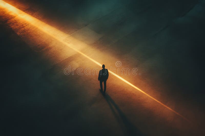 A Man Walking in the Dark Illuminates the Path with a Beam of an ...