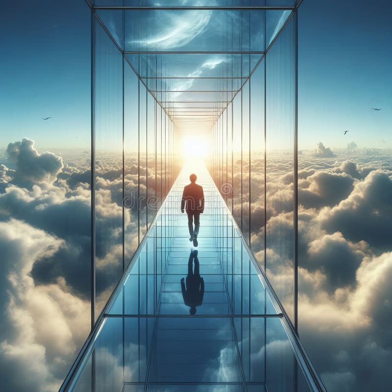 Man Walks Deep into a Transparent Glass Sky Corridor in the Clouds ...