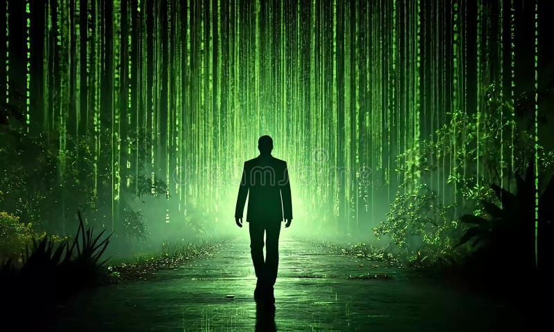 Man Walks Digital Rain Forest Path, Future Tech Background Stock ...