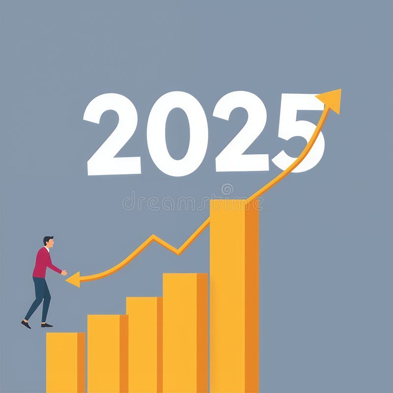 Illustration of a Man Walking Down a Bar Graph with an Arrow Pointing Up and the Year Two ...