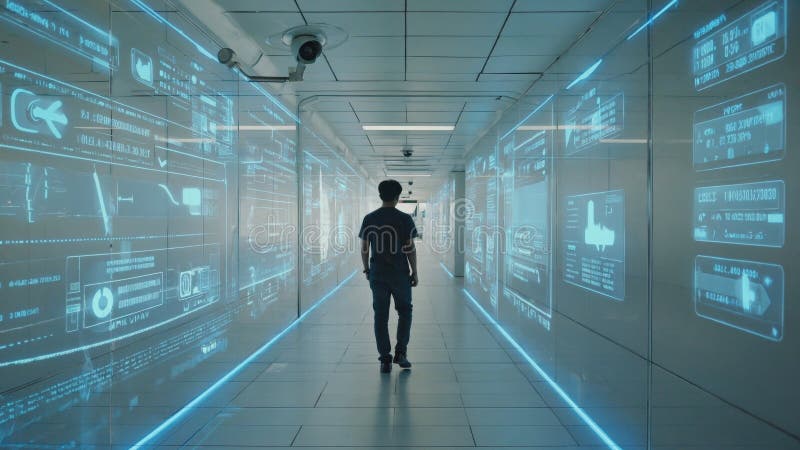 A Man Walks Down a Digital Corridor Filled with Illuminated Interfaces ...