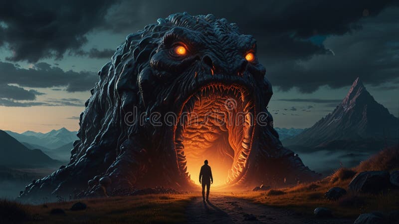 A Man Walks Down a Path with a Man Walking Towards a Monster Stock ...