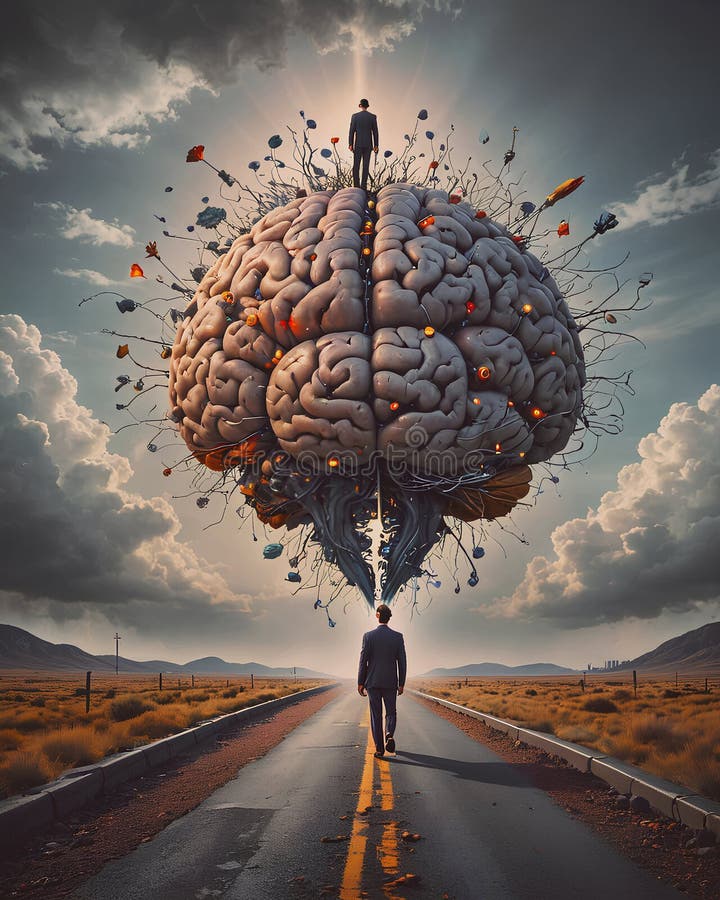 A Man Walks Down a Road with a Large Brain on it. Stock Illustration ...