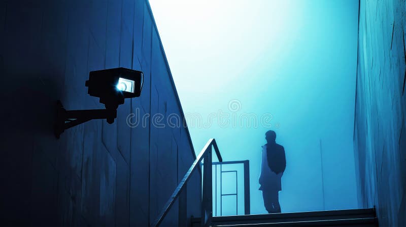 A Man Walks Down a Stairway with a Mesmerizing Blue Light Illuminating ...