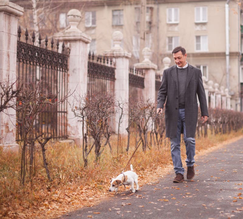 Man walks with his dog stock image. Image of urban, handsome - 200189745