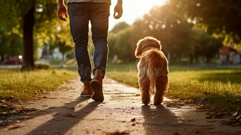 A Man Walks with His Dog in the Park at Sunset. Stock Photo - Image of ...