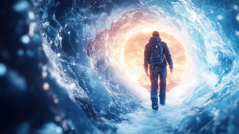 Man Walks Icy Cave, Portal Ahead, Fantasy Backdrop Stock Illustration ...