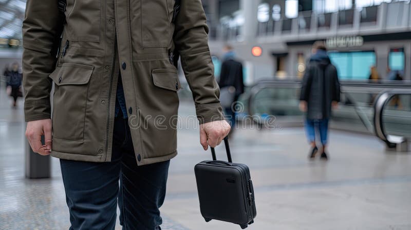 A Man Walks through a Modern Building, Pulling a Black Rolling Suitcase ...