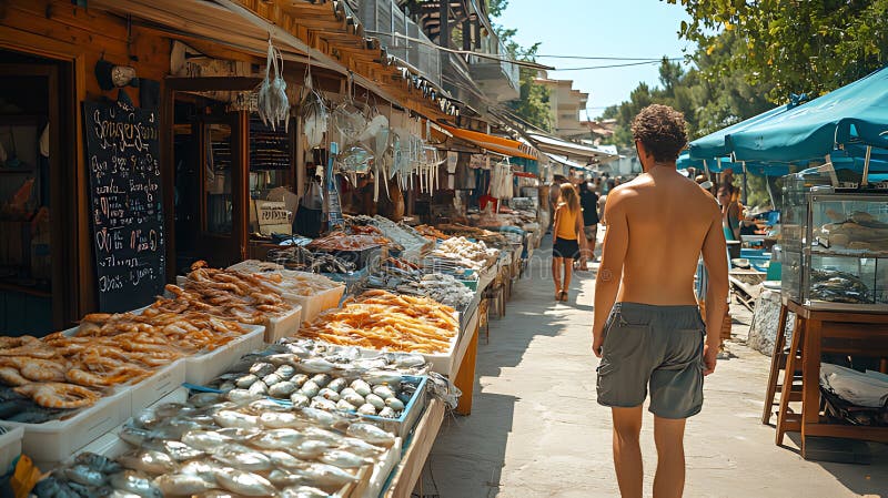 Man Walks Past Sunny Seaside Fish Market Stock Illustration ...