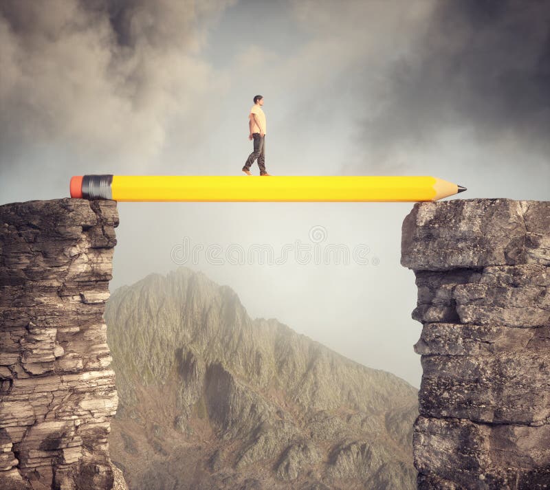 Man Walks on a Pencil Over a Gap between Two Cliffs Stock Illustration ...