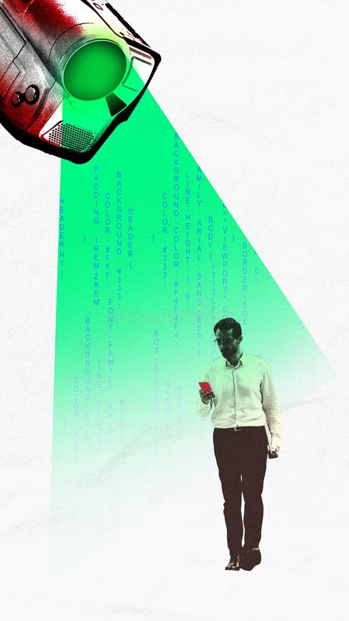 Man Walks with Phone Under Green Spotlight Shaped from Code ...