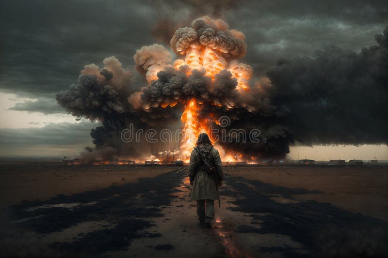 A Man Walks on the Road To Meet a Nuclear Explosion. Stock Image ...