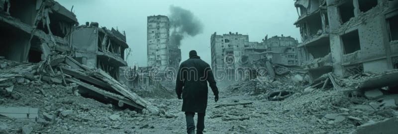 Man Walks through Ruined Cityscape with Desolate Theme and Devastation ...