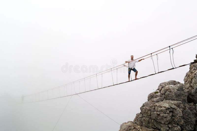 Man Walks on a Suspension Bridge. Stock Image - Image of moving ...