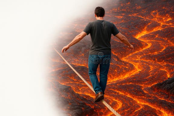 A Man Walks on a Tightrope Over Lava. Space for Text. Stock Photo ...