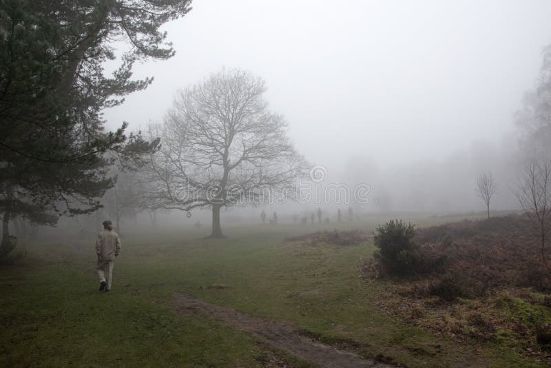 Man Walks To Nine Ladies Gathering Stock Photo - Image of druid, mist ...