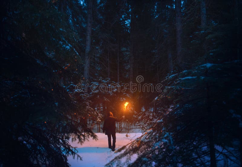 Hiker with a Torch in a Snowy Forest Stock Photo - Image of river ...