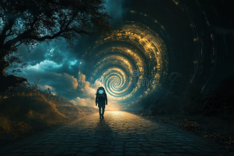 Man Walks Towards a Glowing Vortex on an Eerie Pathway Surrounded by ...