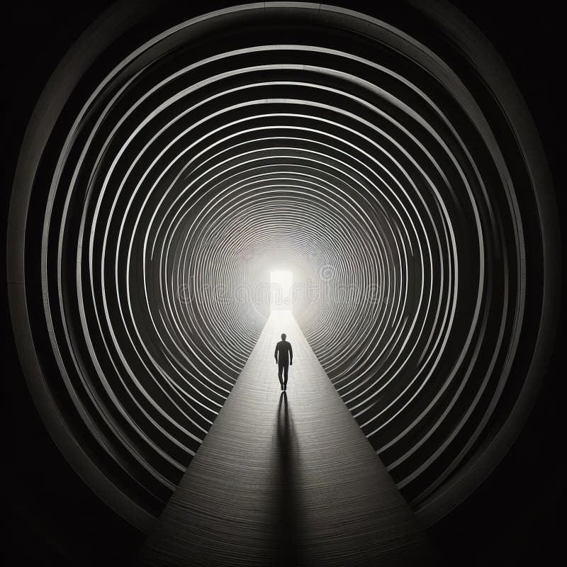 Man Walks Towards the Light Inside a Round Futuristic Tunnel in the ...