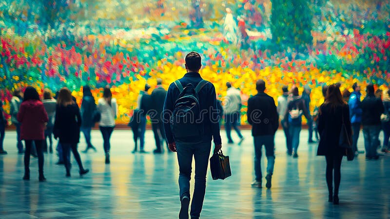 A Man Walks through a Vibrant Crowd in a Gallery. Stock Illustration ...