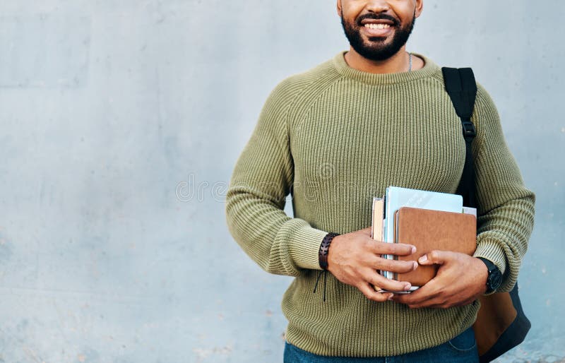 Man on Wall Background, University Books and Smile with Mockup on ...