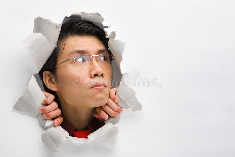 Man in Wall Looking Away To Left Side Stock Image - Image of wall ...