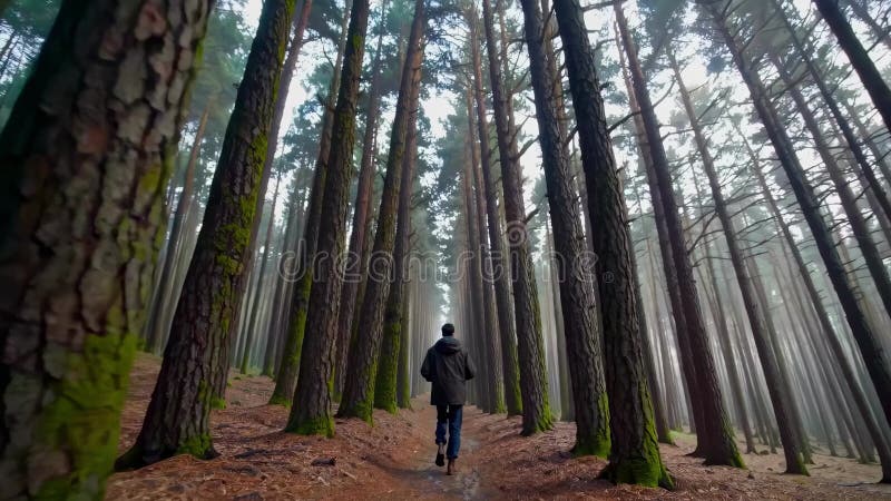 Man Walks Alone through Tall Forest Trees Expressing Solitude ...