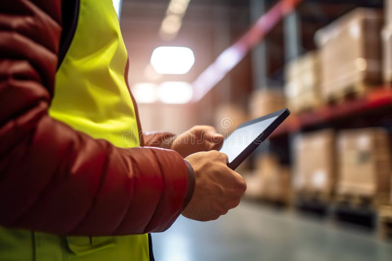 A Man in a Warehouse Using a Tablet Computer. Generative AI Image ...