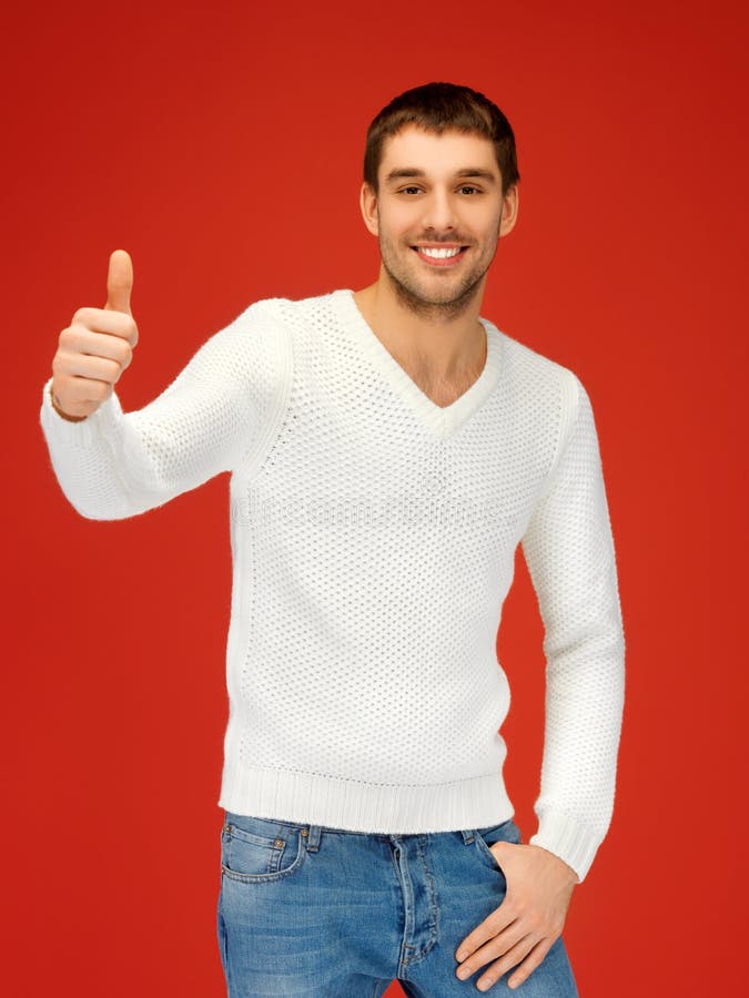 Man in Warm Sweater Showing Thumbs Up Stock Photo - Image of expression ...