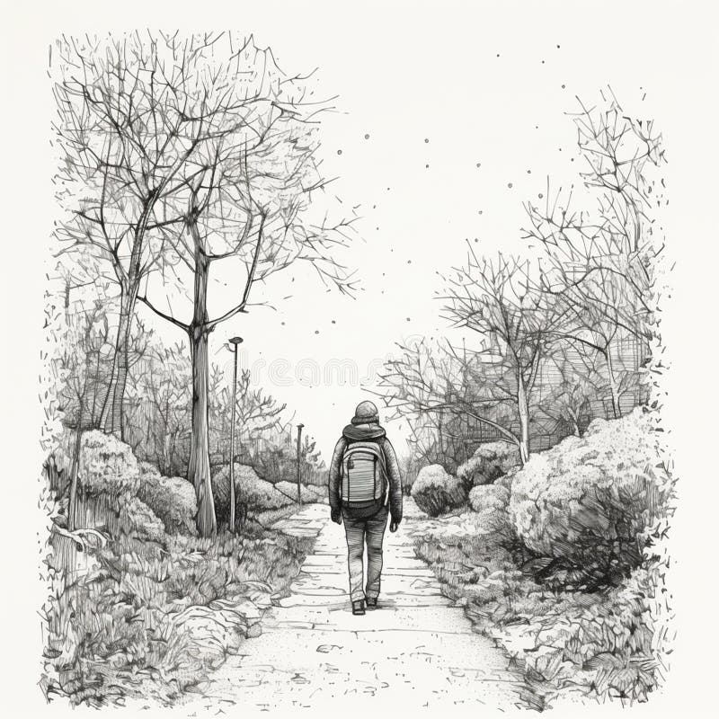 A Man Was Walking on a Narrow Path. Trees and Shrubs Grow Along the ...