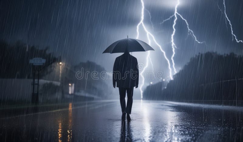 A Man Was Walking with an Umbrella Amidst Flashes of Lightning Stock ...