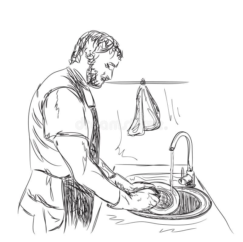 Man Washes Dishes. Hand Drawn Sketch Stock Vector - Illustration of ...