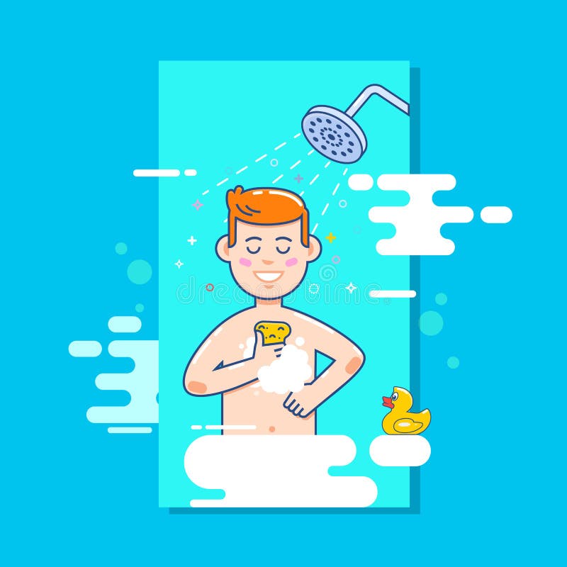 Man Washes In The Shower In The Bathroom Flat Vector Illustration