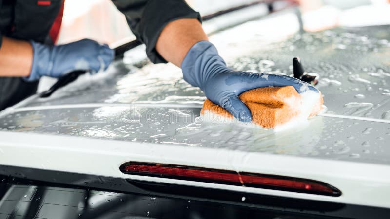 A Man Washes a Soap White Car. Cleaning Concept Stock Image - Image of ...